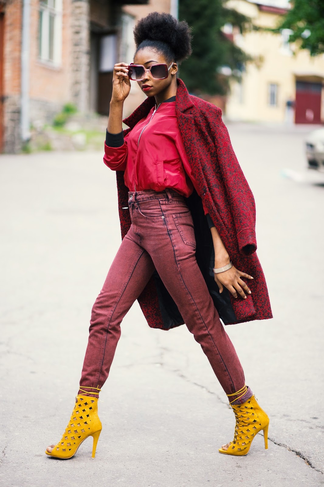 HOW TO STYLE BURGUNDY BOMBER JACKET (SINGLE SHADE OUTFIT) | Melody Jacob