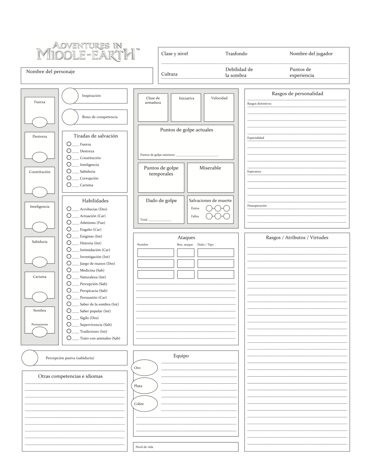 Sinergia de Rol: Hoja de personaje para Adventures in Middle-Earth