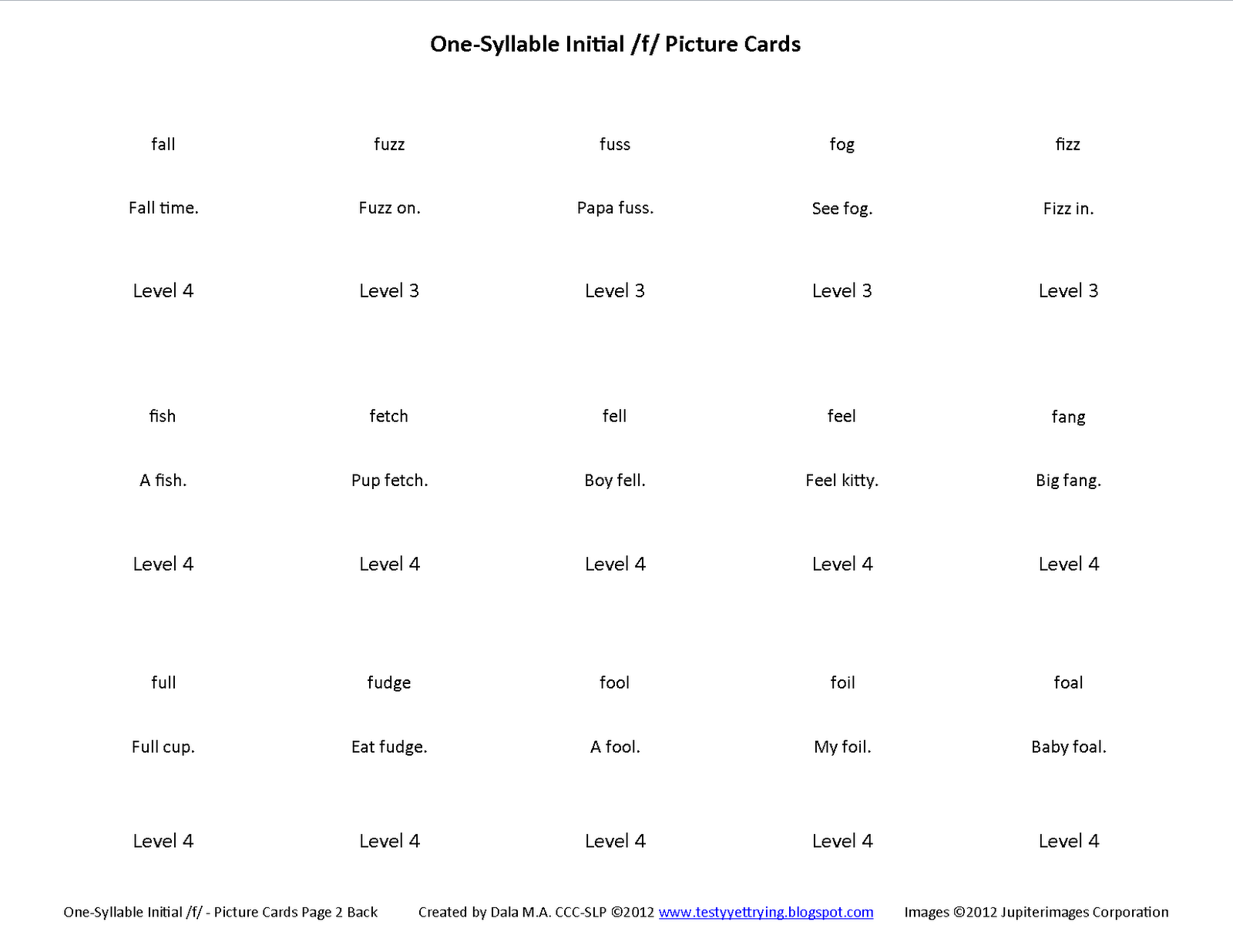 Testy yet trying: Initial F: Free Speech Therapy Articulation Picture Cards