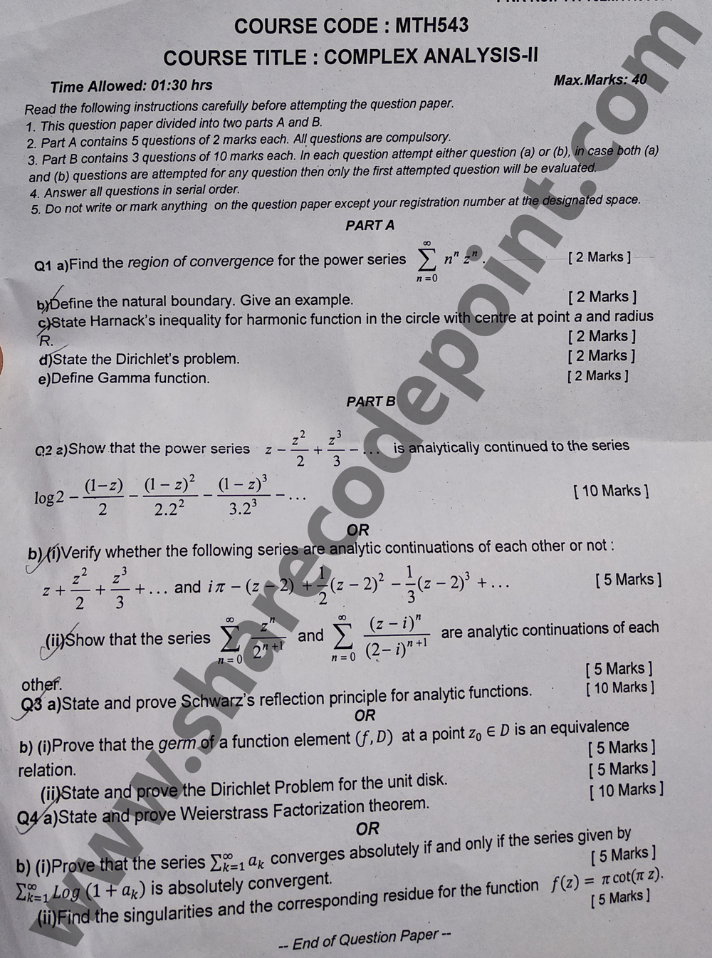 MTH543 : Complex Analysis Mid Term Exam Question Paper - MTH 543 - Lpu ...
