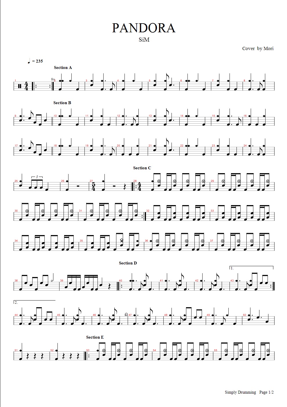 鼓手森 - Simply Drumming: SiM - PANDORA drum sheet
