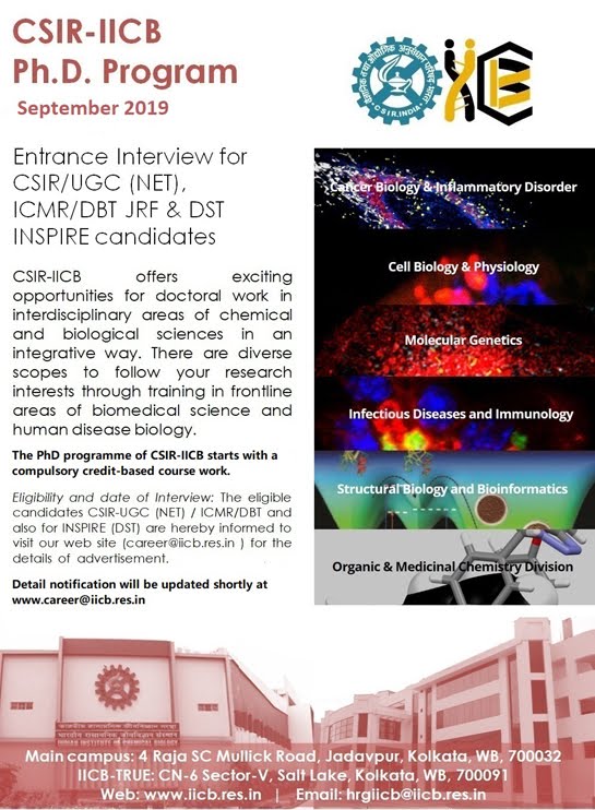 CSIR-IICB PhD Program 2019 September for JRF Qualified Candidates