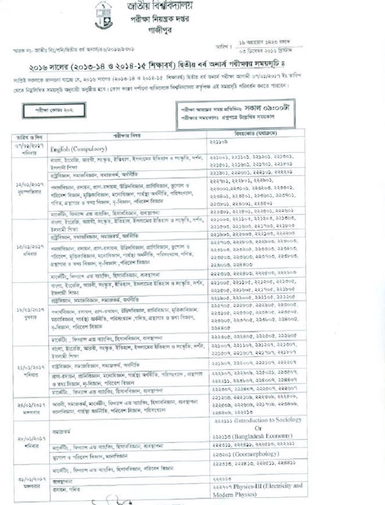 NU Honors 2nd Year Exam Routine 2016 - www.nu.edu.bd - All Update Here