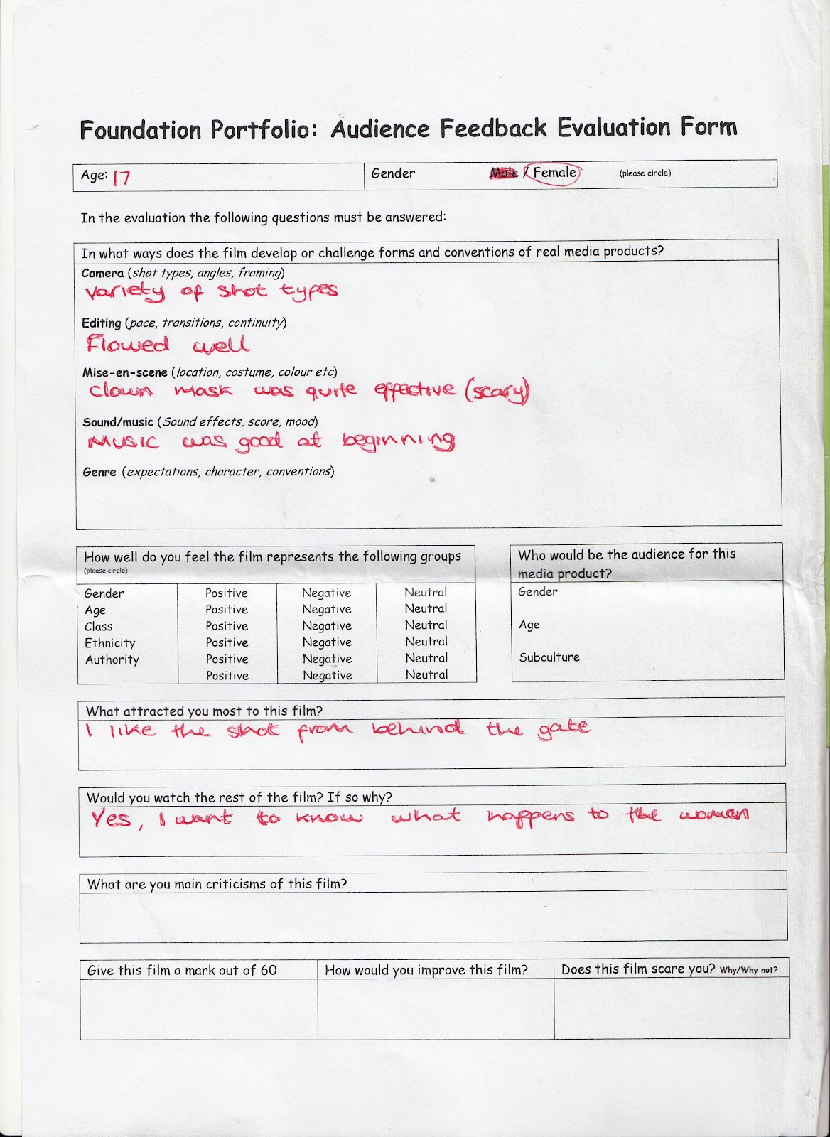 Foundation Portfolio: Audience Feedback sheets