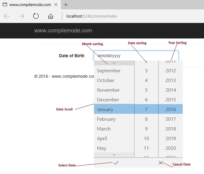 Calendar Control Using Model Class in ASP.NET MVC
