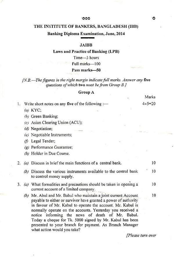 Laws and Practice of Banking Question 2011-2018 - Banking Diploma Education