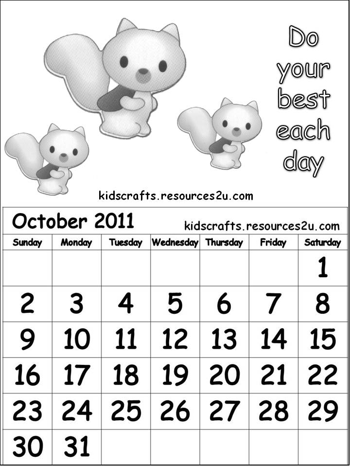 2011: Cute October 2011 Calendar coloring page for kids children
