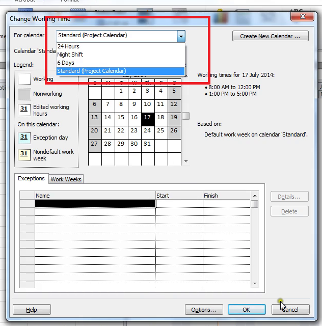 How to set the Global Calendar in MS Project 2010