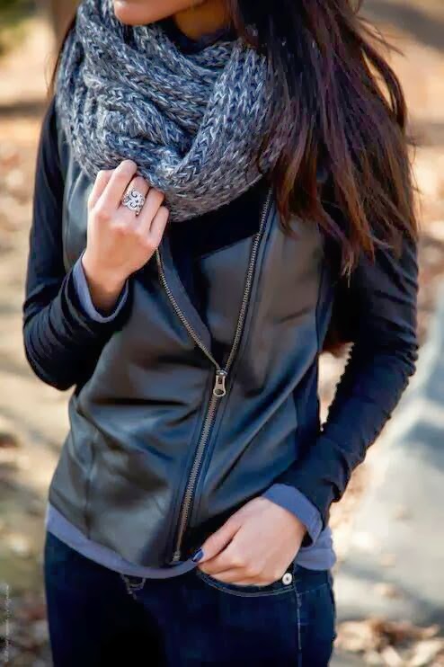 Attractive Black Asymmetrical Leather Jacket with Gray Circle Scarf ...