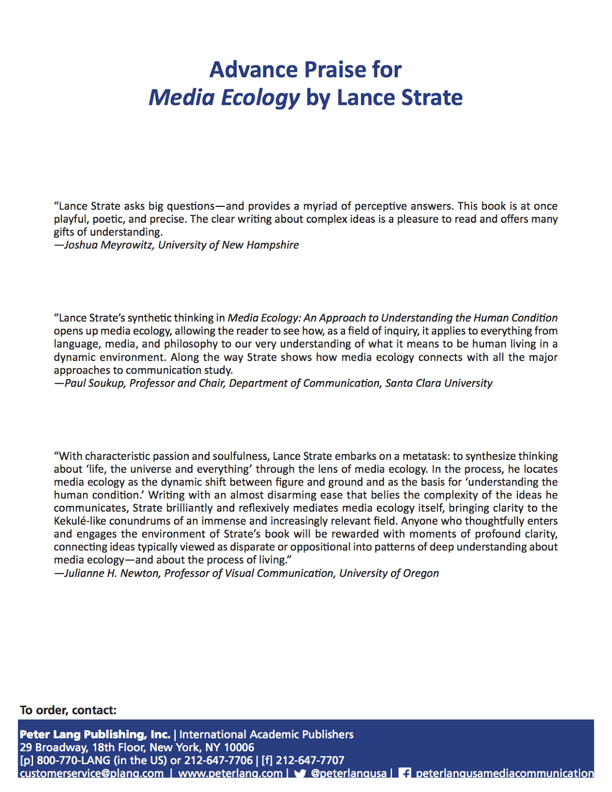 Lance Strate's Blog Time Passing: Peter Lang Press Release for Media ...