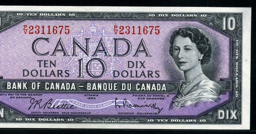 Canada banknotes 10 Canadian dollars banknote 1954 Queen Elizabeth II ...