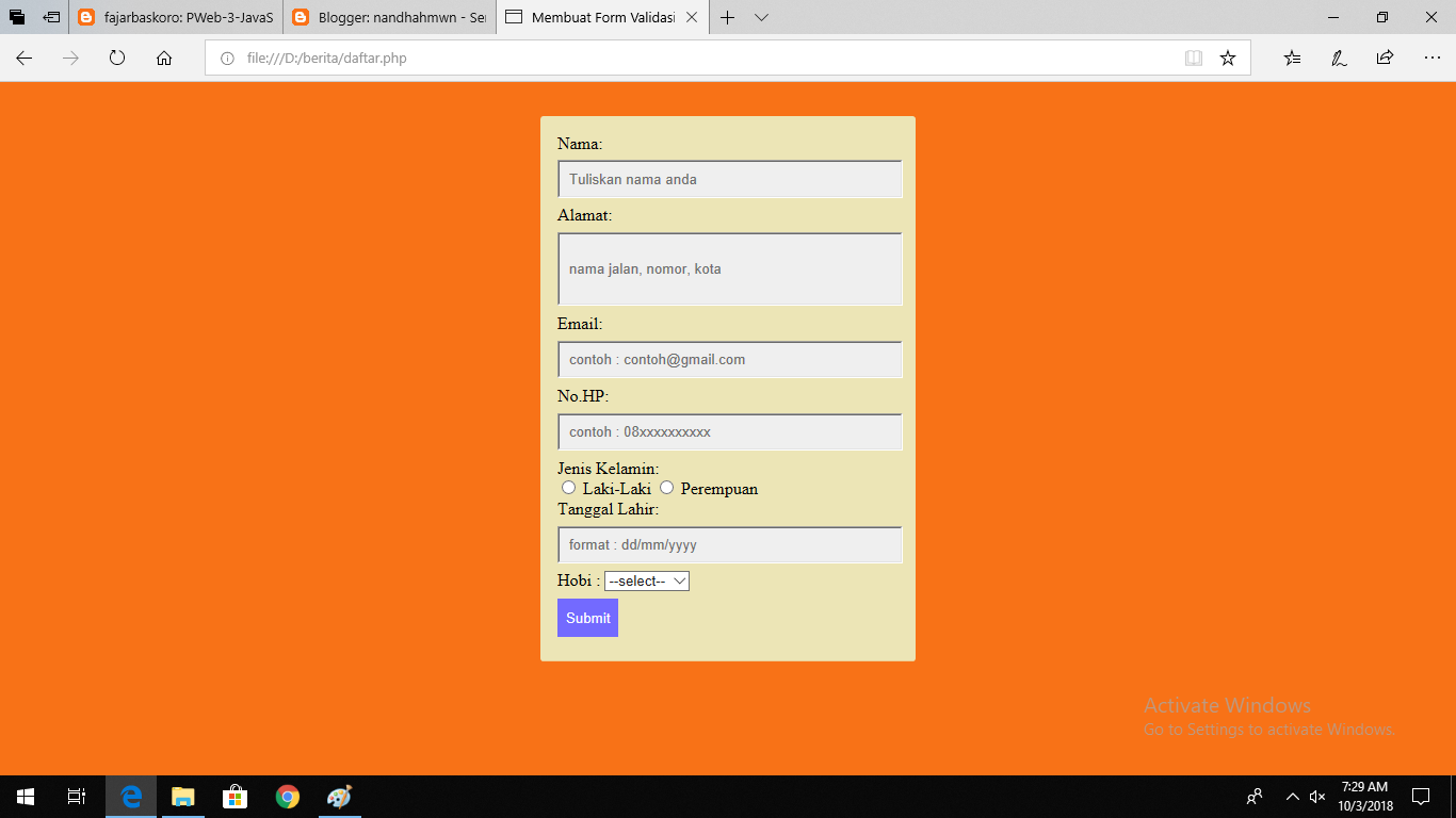 Membuat Form Registrasi menggunakan JavaScript Membuat Form Registrasi menggunakan JavaScript
