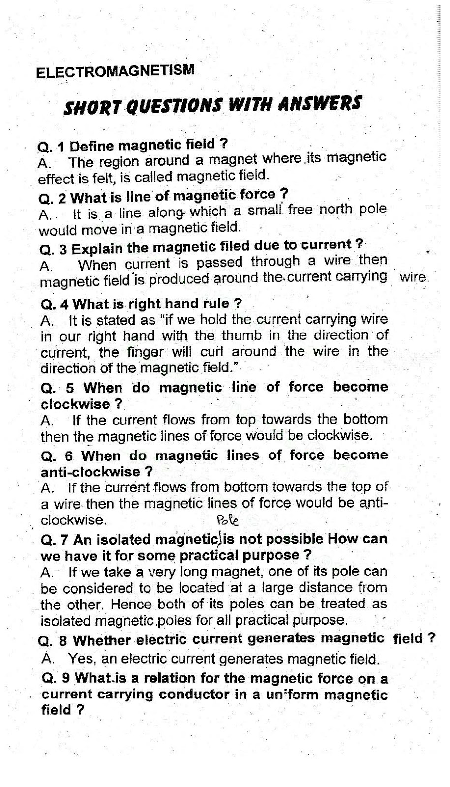 2nd Year Physics Chapter 14 Electromagnetism Short Questions Notes ...