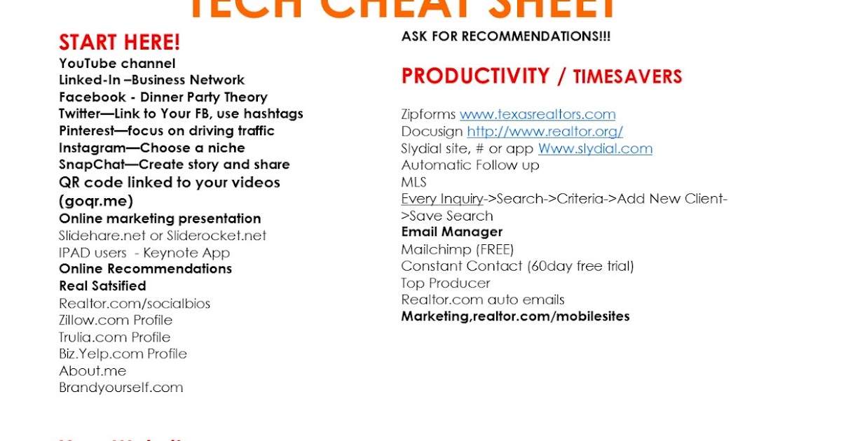 NEXT LEVEL TRAINING & CONSULTING: TECH CHEAT SHEET