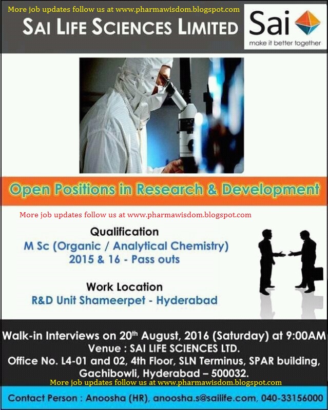 SAI LIFE SCIENCES LIMITED - Walk-In Interview for Freshers on 20th ...