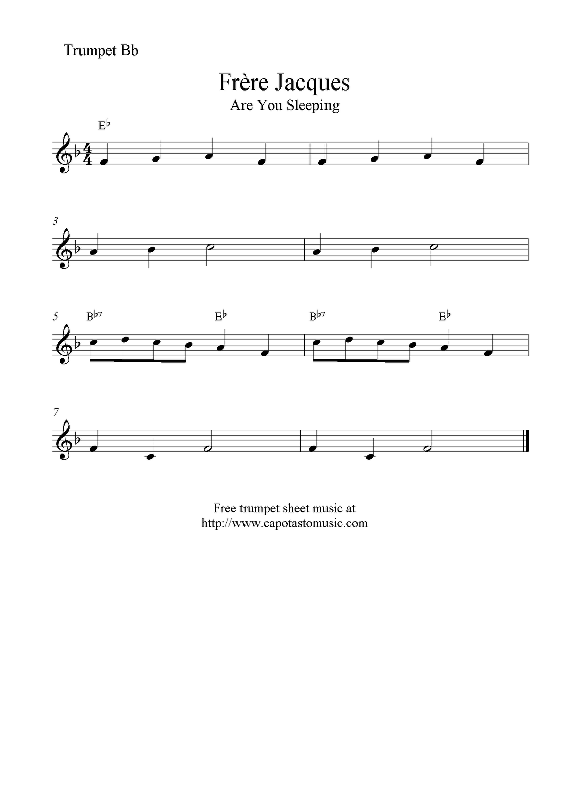 Frère Jacques (Are You Sleeping), free trumpet sheet music notes
