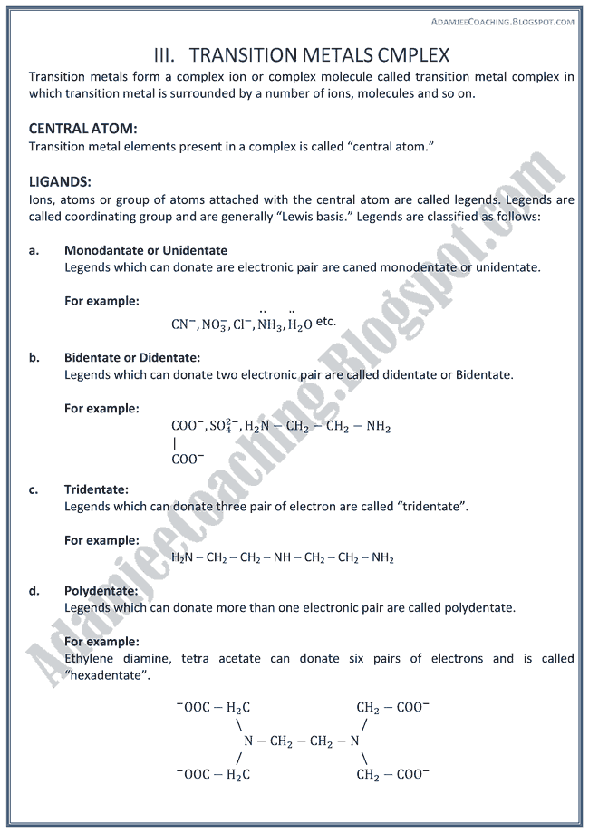 Adamjee Coaching: XII Chemistry Notes - D Block Elements