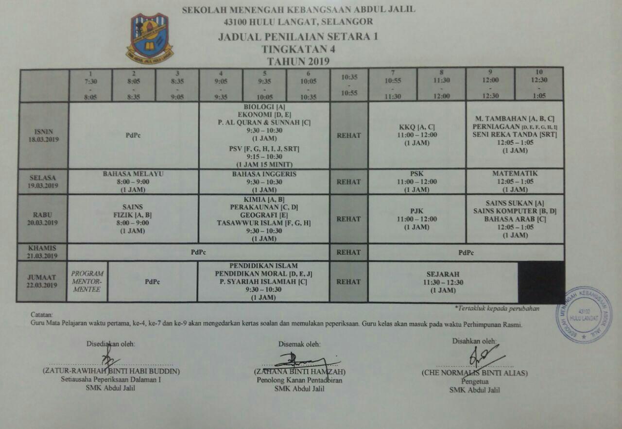 [ SMK Abdul Jalil ]: JADUAL UJIAN SETARA 1 2019