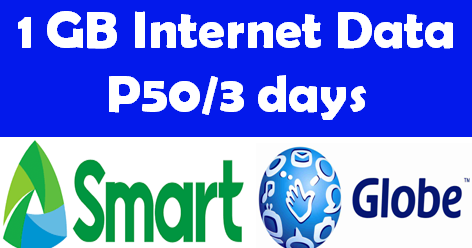 1GB Consumable Data for Smart and Globe Users (P50/3 Days)