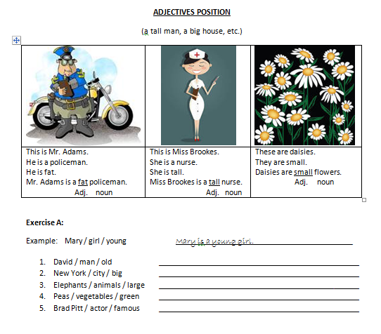 Worksheets for Elementary English: Adjectives Position
