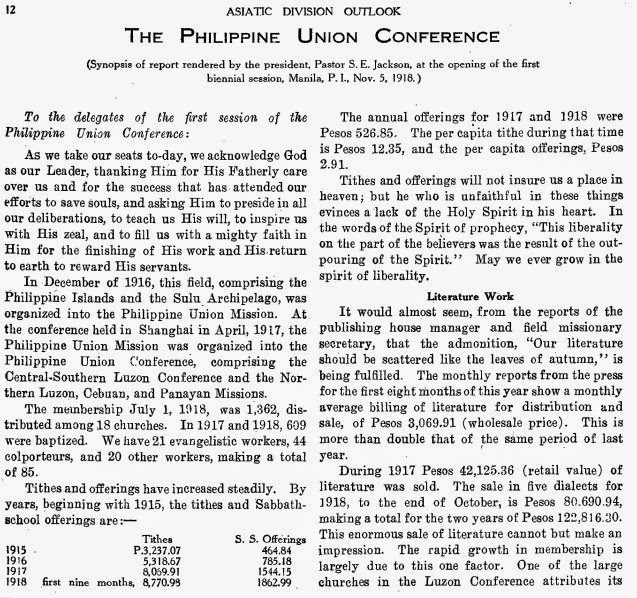 Filipino Adventist Network: Philippine Union Conference, 1919
