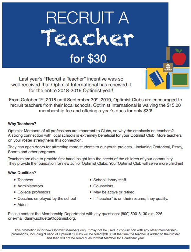 PNW District Optimist Clubs: An incentive to recruit more teachers