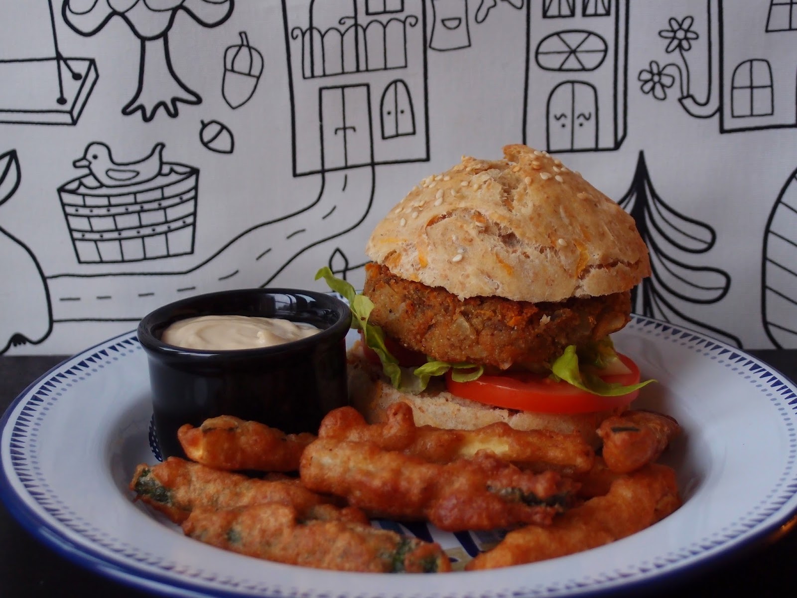The VegHog: Teff and broad bean burgers and courgette fries in cider batter