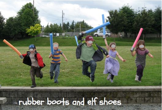 pool noodle swords - rubber boots and elf shoes