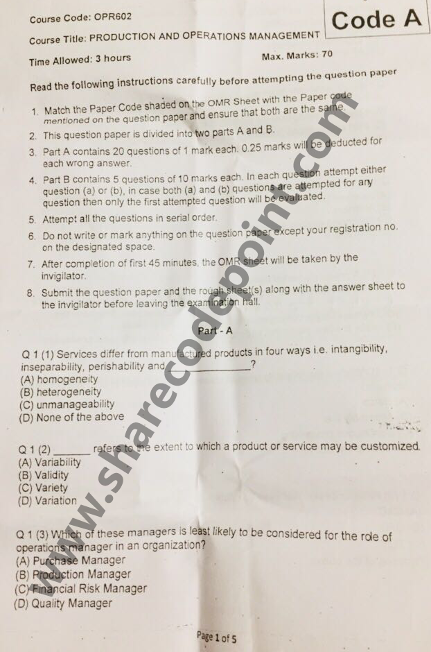 OPR602 : Production And Operations Management End Term Exam Question ...