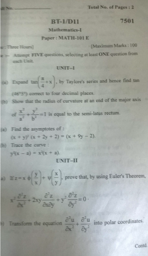 Kurukshetra University Math-101 Mathematics-I 2011 E Question Paper ...