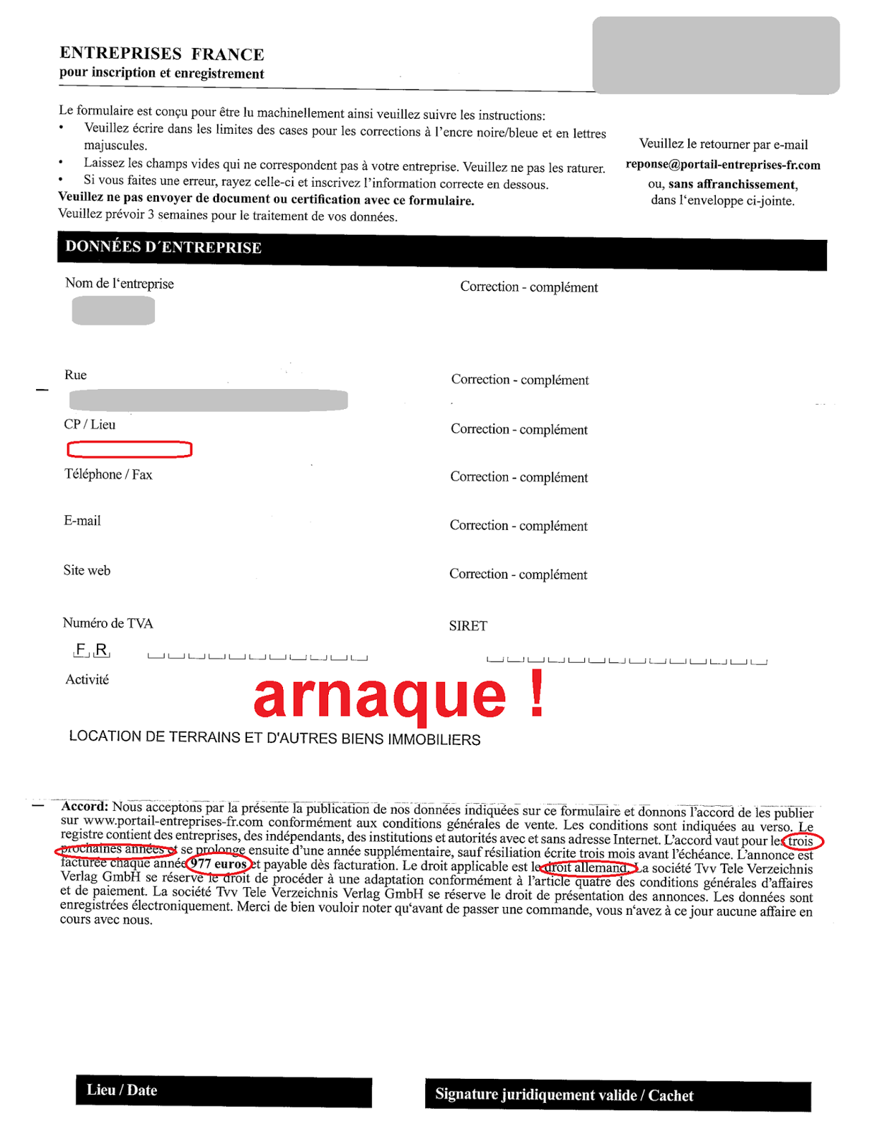 Arnaques entrepreneurs: ENTREPRISES FRANCE - pour inscription et ...