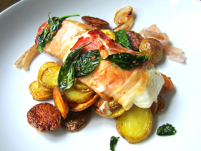 What's for Dinner? Fish Wrapped in Prosciutto w/ Fried Basil & Roasted ...