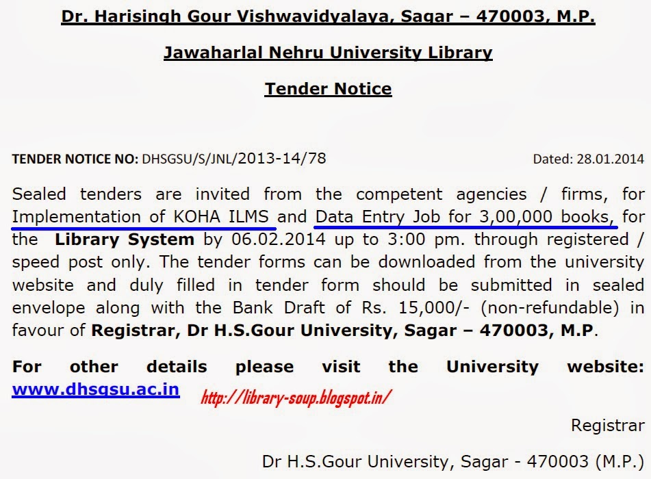 The Library Soup : KOHA ILMS and Data Entry Tender at Dr. Harishingh ...