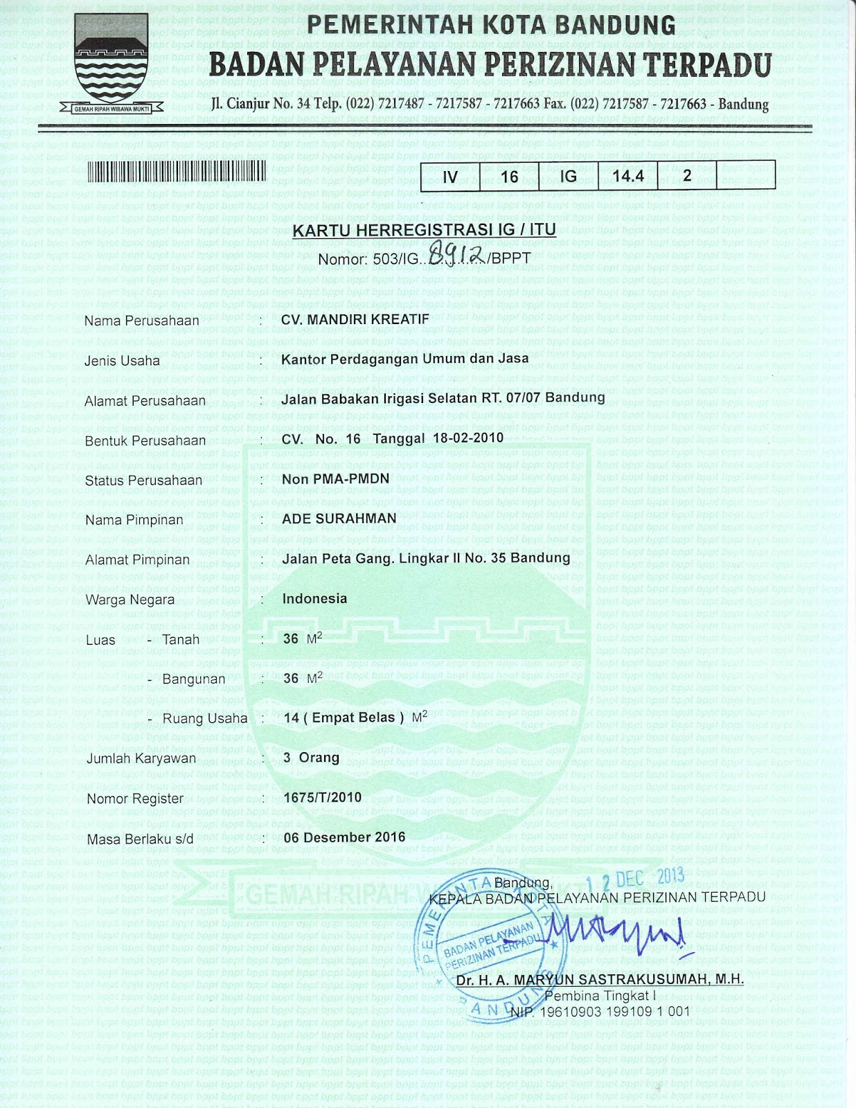 SIUP. SBU.KTA ~ CV. Mandiri Kreatif