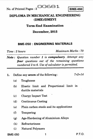IGNOU BME-050 Engineering Materials Dec 2015 Question Paper ...