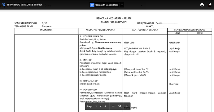 Download Contoh Berkas RPPH PAUD Minggu ke 15 Kurikulum 2013 - FORMAT-FILE