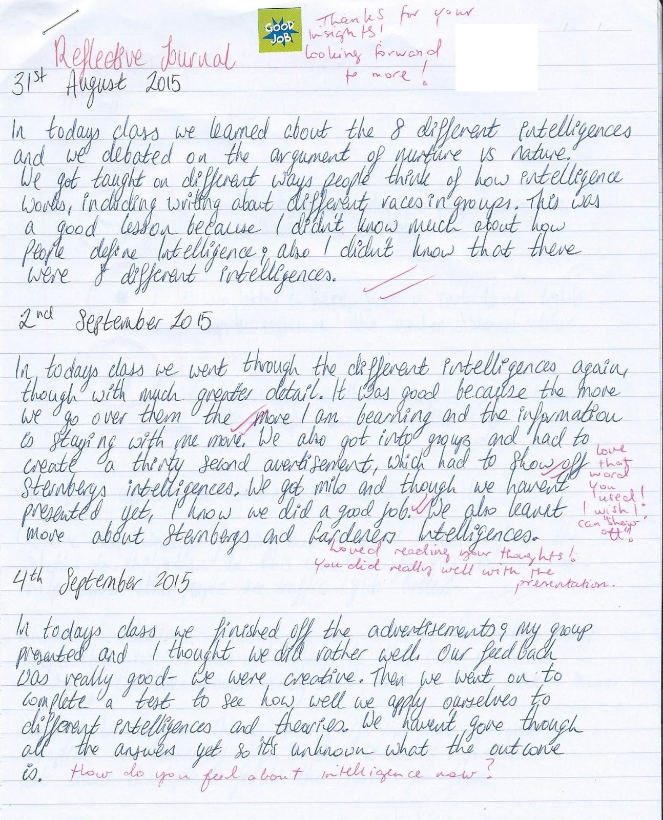 Miss Huynh: An example of a good reflection!