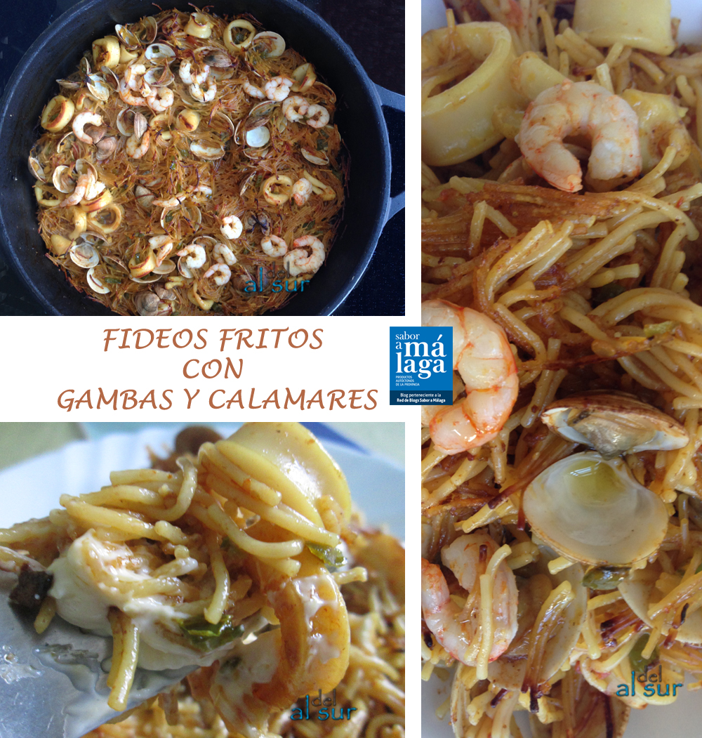 Fideos fritos con calamares, gambas y almejas