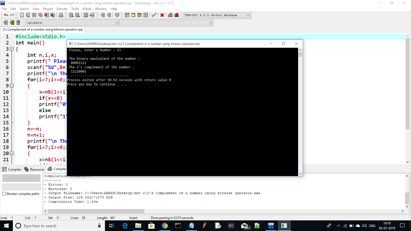 2's Complement of a number using Bitwise Operator in C-Language