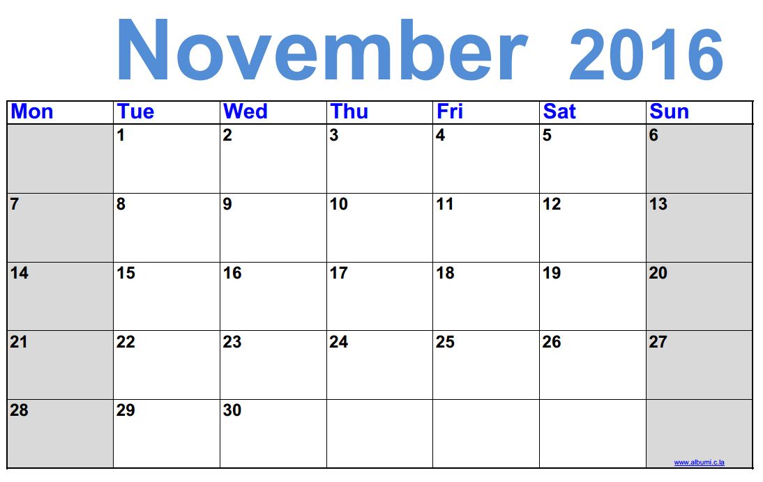 Free printable monthly Calendar - November 2016 | 2016 Blank Calendar ...