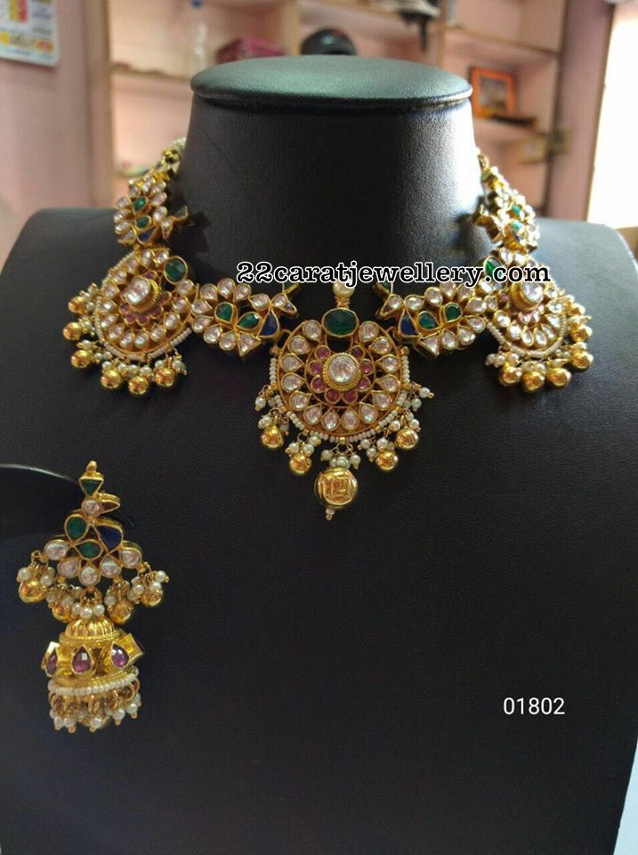 Fancy Polki Choker with Jhumkas - Jewellery Designs