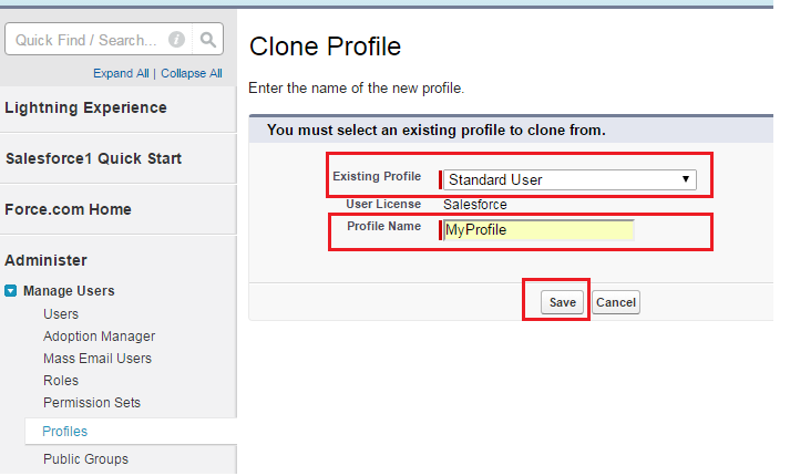 Create a custom profile in Salesforce