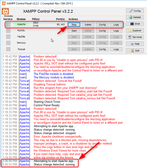 Administration Windows Xampp Control Panel Apache Problem Detected