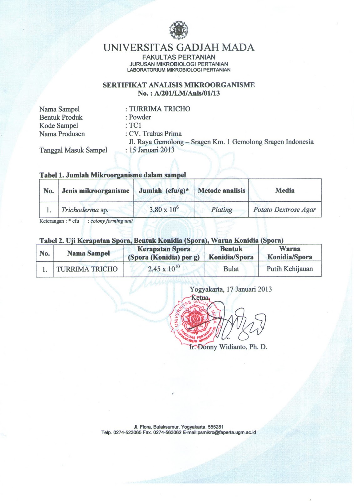 PT TURRIMA AGRO MASS: Hasil Analisa Produk-Produk PT TURRIMA AGRO MASS