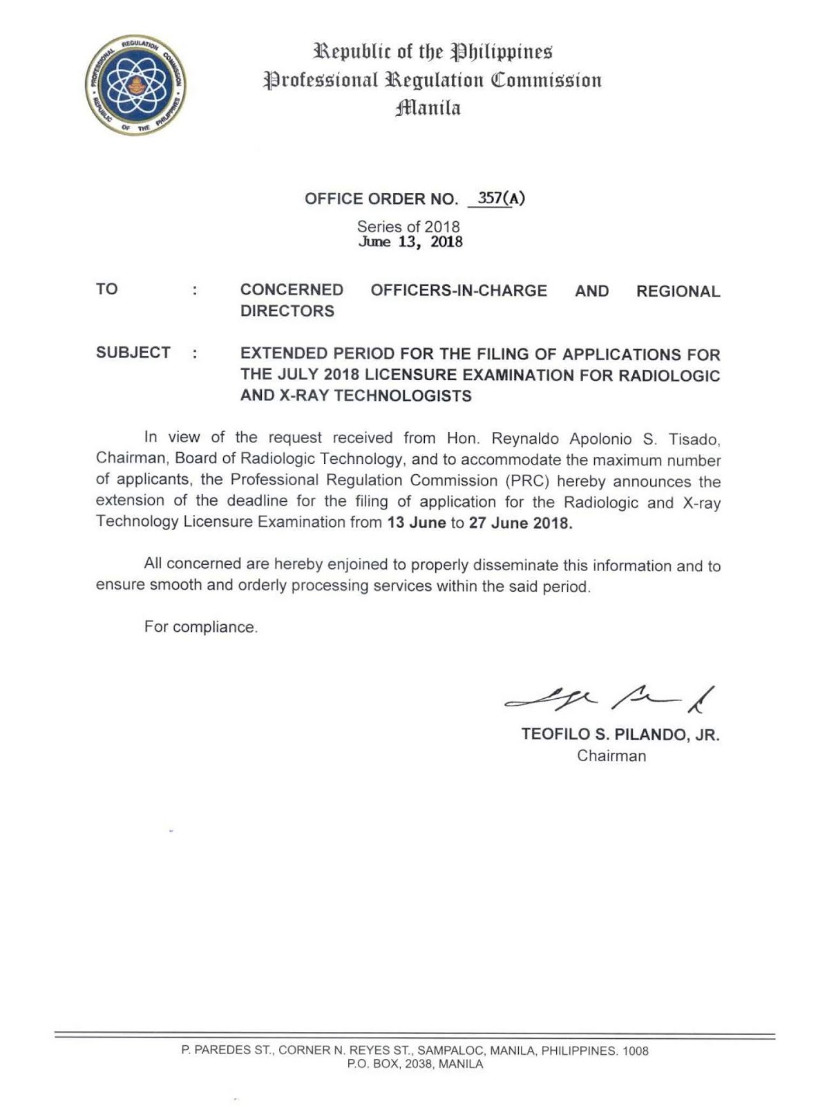PRC CAR Information Site: Extended Period For the Filing of Application ...