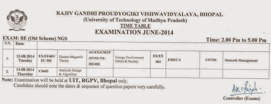 RGPV Examination Time Table: 2014
