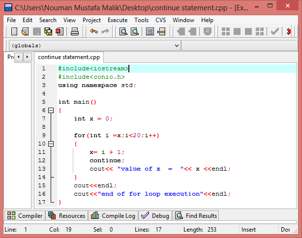 Information How To Use Continue Statement Using C Language In Dev C