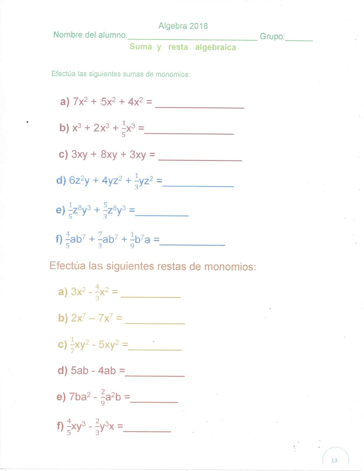 ARITMÉTICA Y ÁLGEBRA BÁSICA: Suma algebraica. Reducción de términos ...