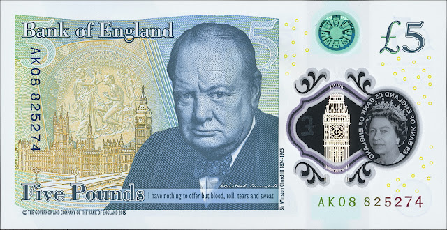 England New Fiver 5 Pound Sterling note 2016 Sir Winston Churchill ...