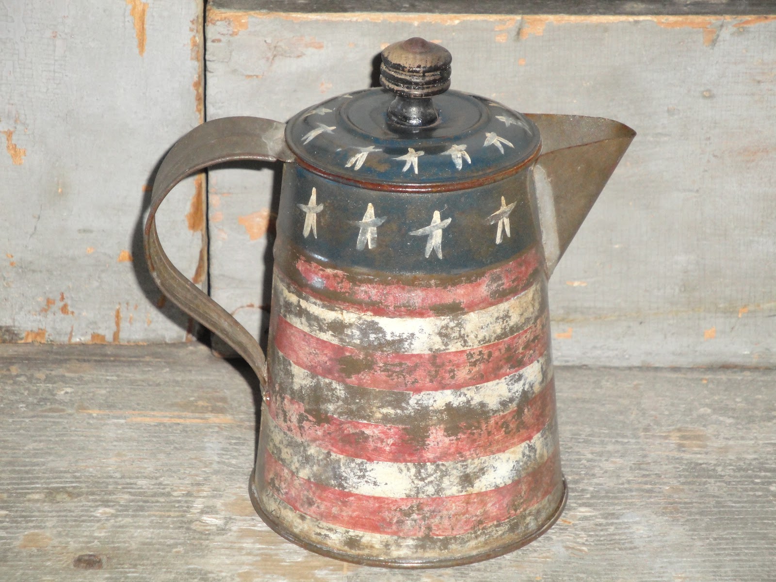 Hand Painted Old Tin Americana Coffee Pot